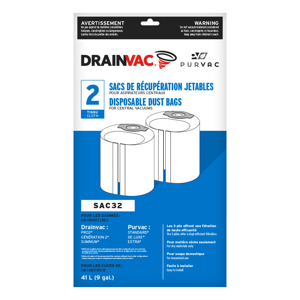 DrainVac SAC32 Central Vacuum Disposable Cloth Dust Bags